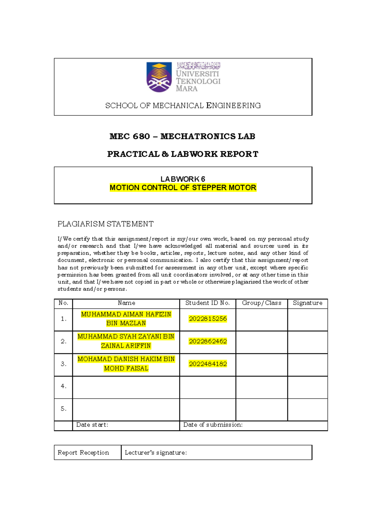 MEC 680: Lab 6 Report on Stepper Motor Motion Control - Studocu