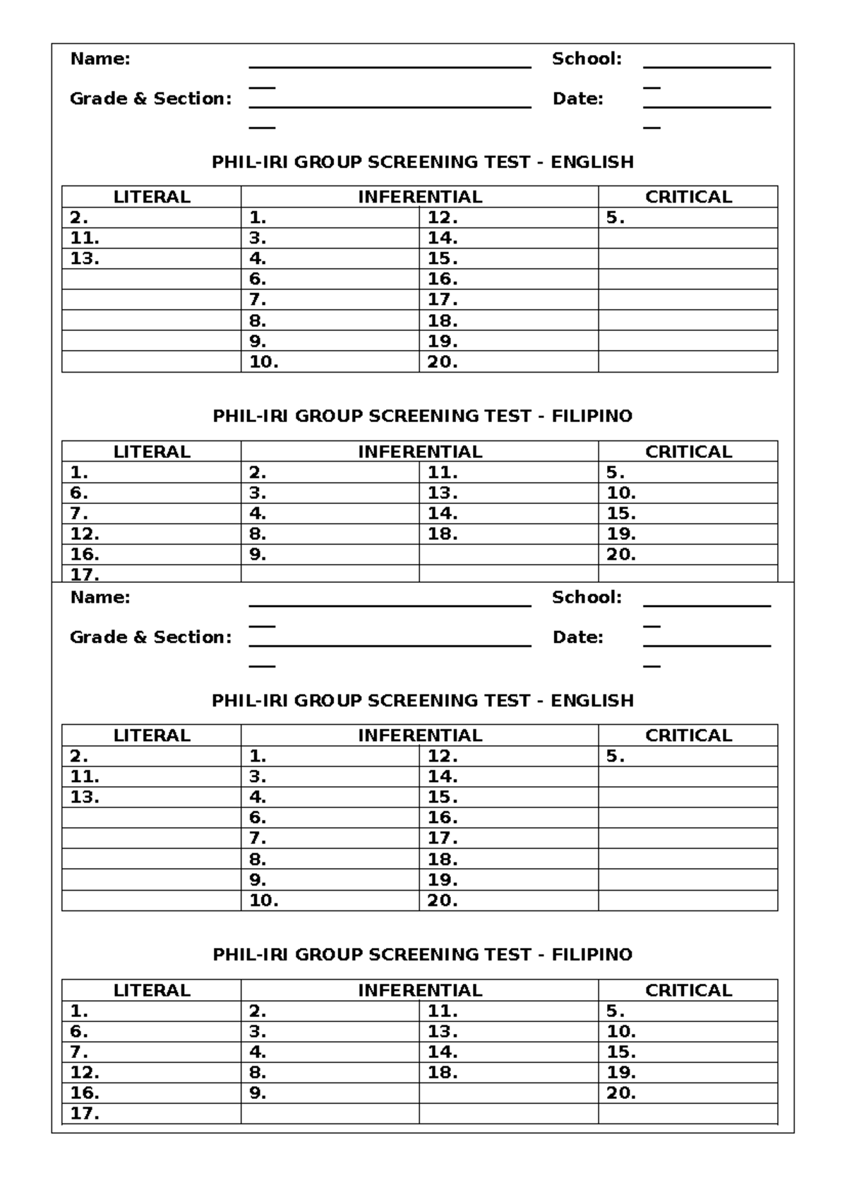 GROUP SCREENING TEST (GST) Answer Sheet for English & Filipino - Studocu