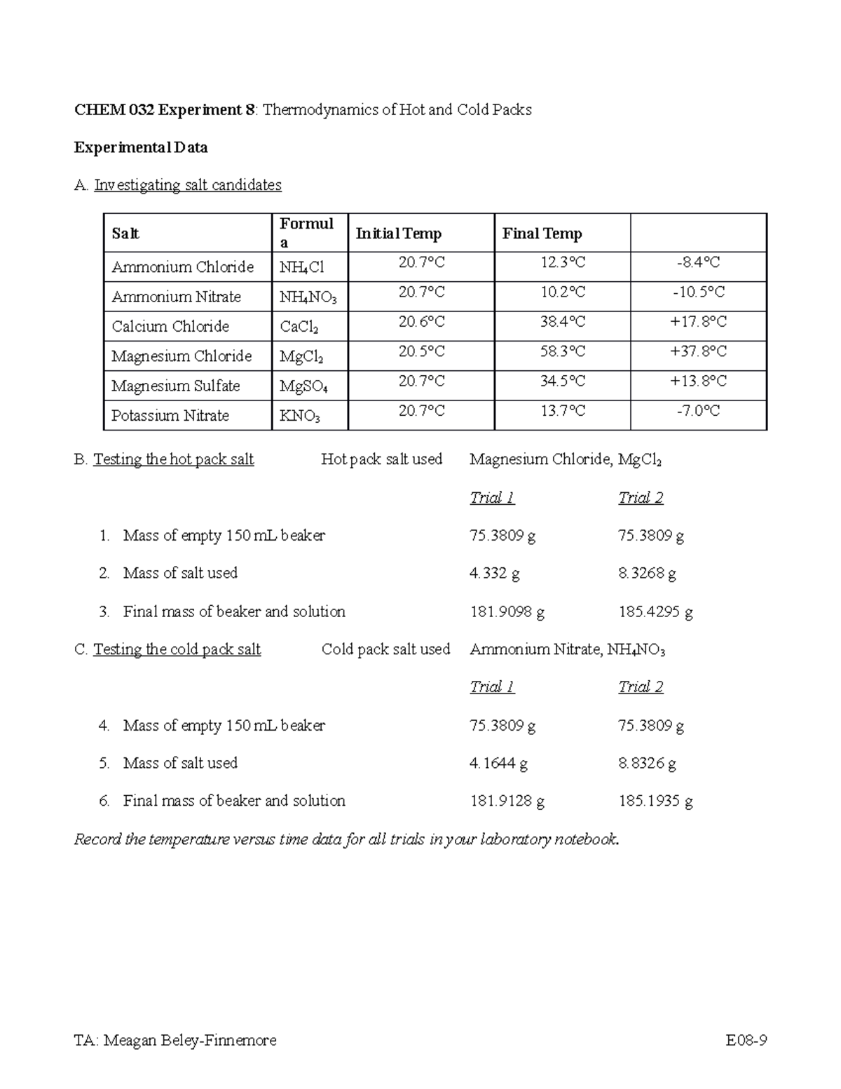 Lab 8: Thermodynamics of Hot & Cold Packs - Investigating Salt ...