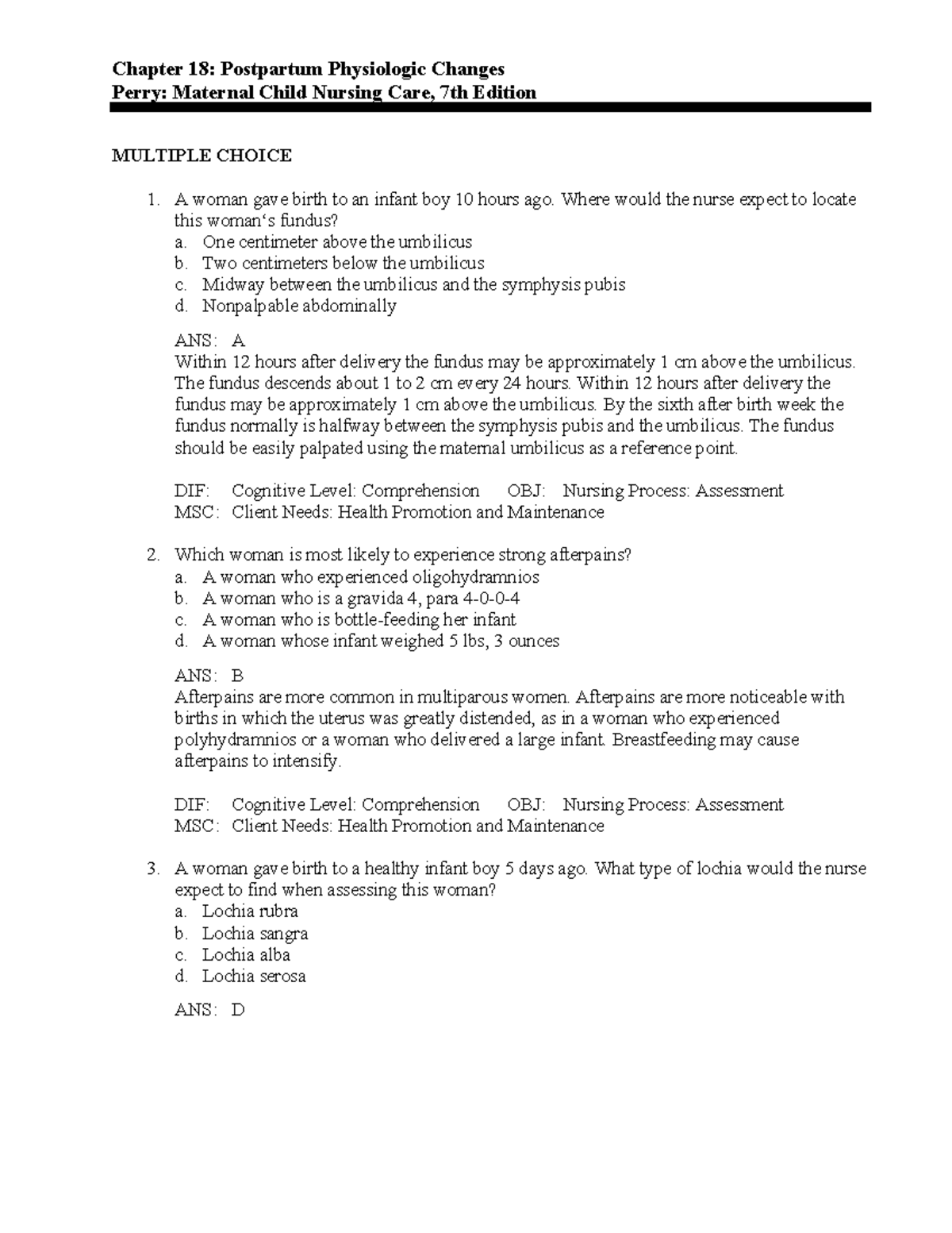 Chapter 18: Postpartum Physiologic Changes - Maternal Nursing Care - Studocu