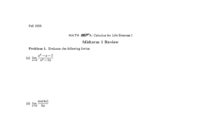 Fall 2025 MATH A: Calculus for Life Sciences I Midterm 1 Review - Studocu