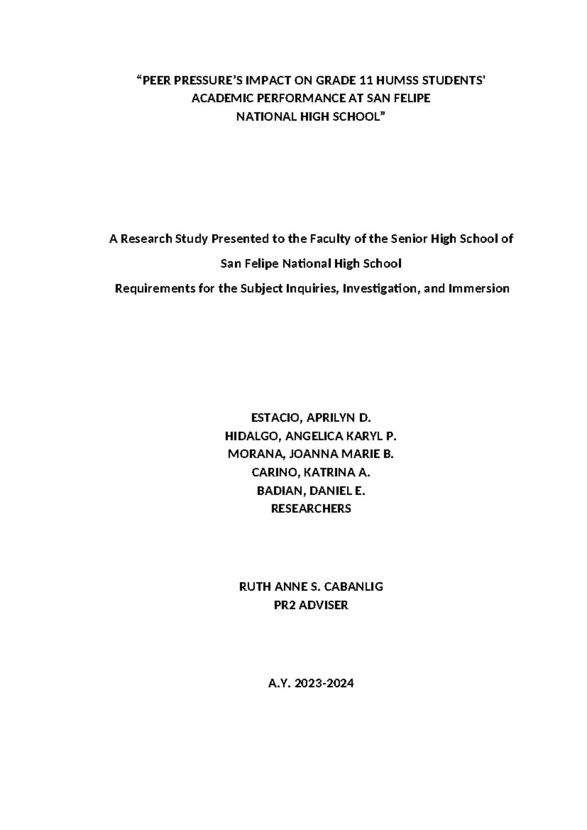 Peer Pressure's Influence on Academic Performance of Grade 11 HUMSS ...