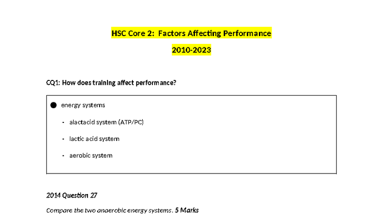HSC Core 2: Short Answer Questions on Performance Factors (2010-2023 ...