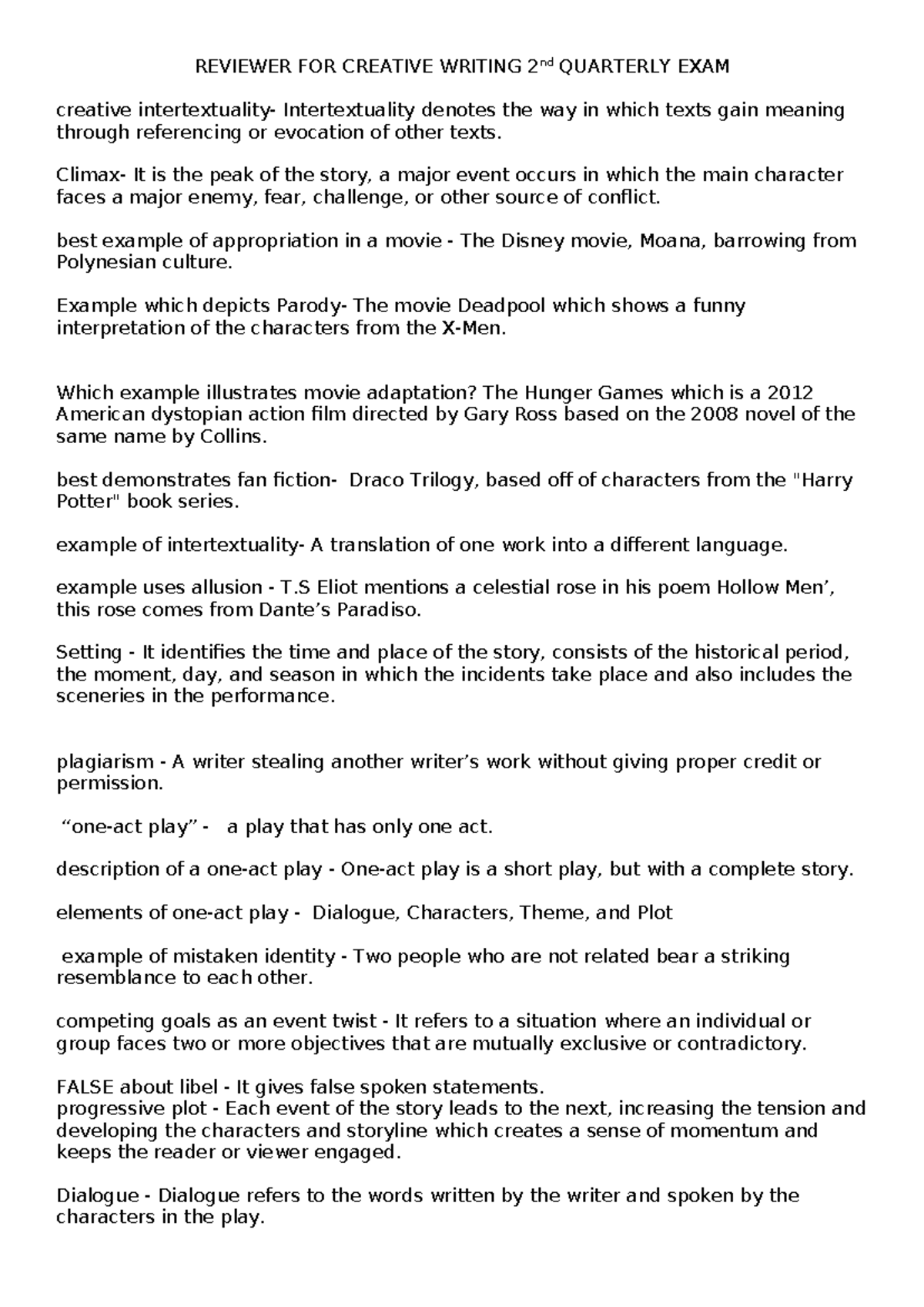 REVIEWER FOR CREATIVE WRITING 2ND QUARTERLY EXAM - Studocu