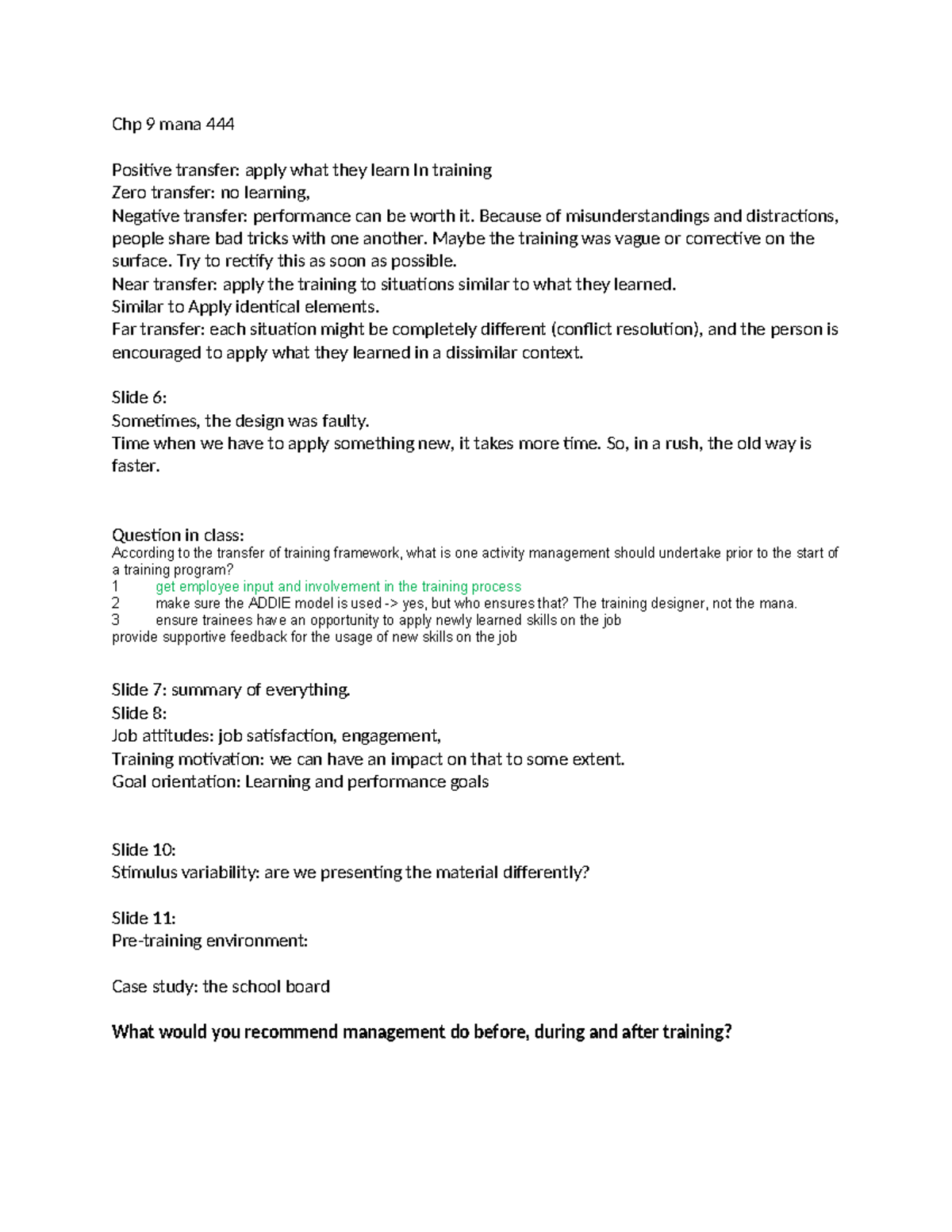 Chp 9-10 Mana 444 - Key Notes on Training Transfer and Evaluation - Studocu