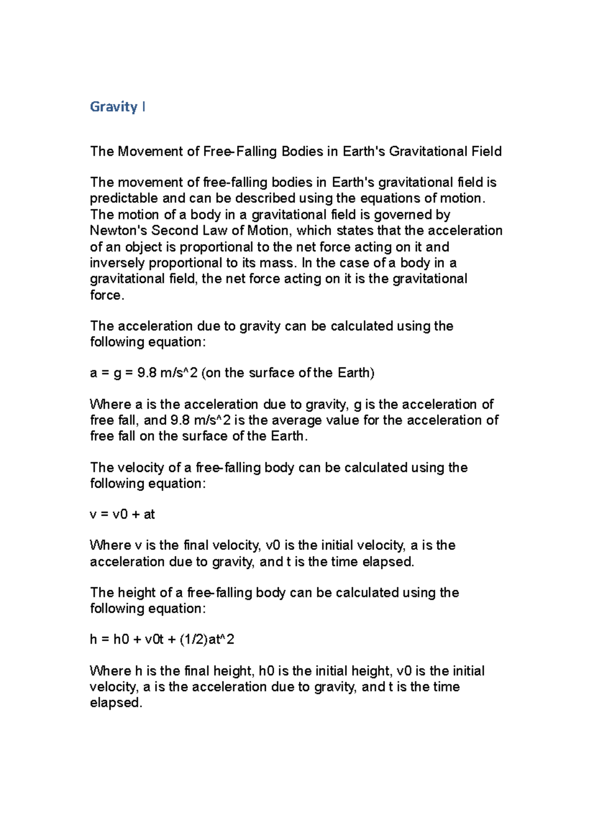 Gravity I - Gravity I The Movement of Free-Falling Bodies in Earth's ...