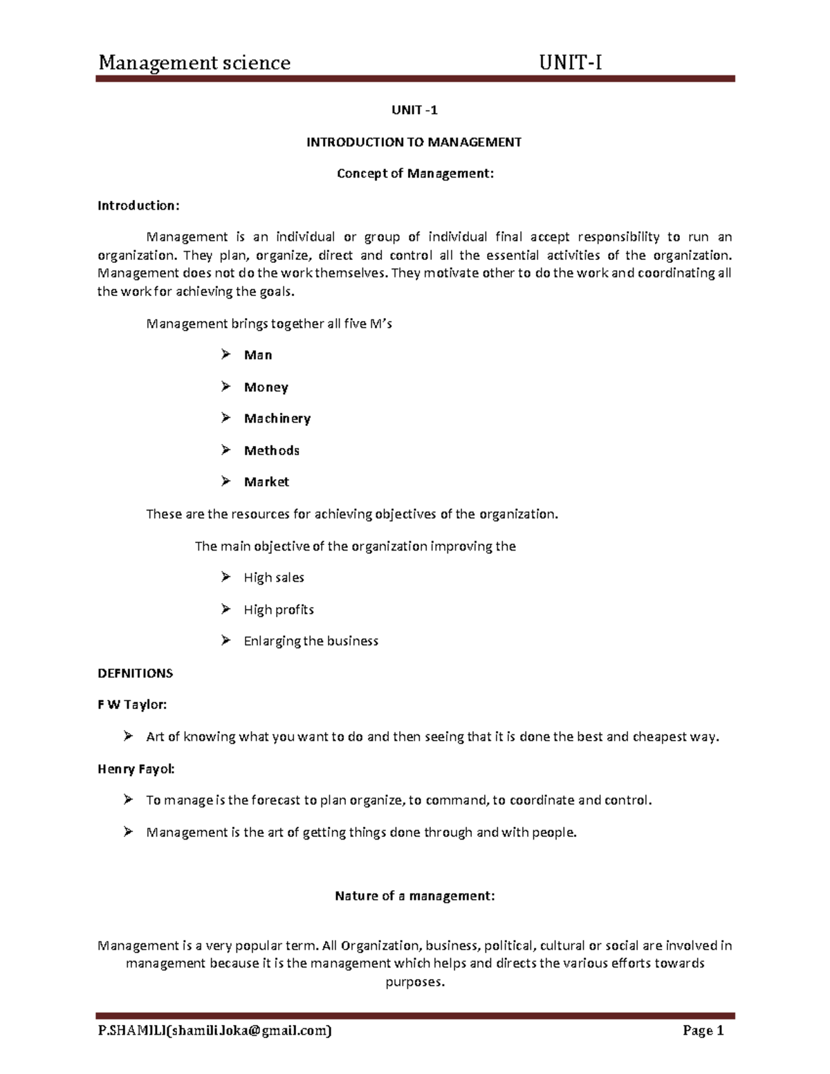 R20 MS I UNIT - Management science notes - UNIT - 1 INTRODUCTION TO ...