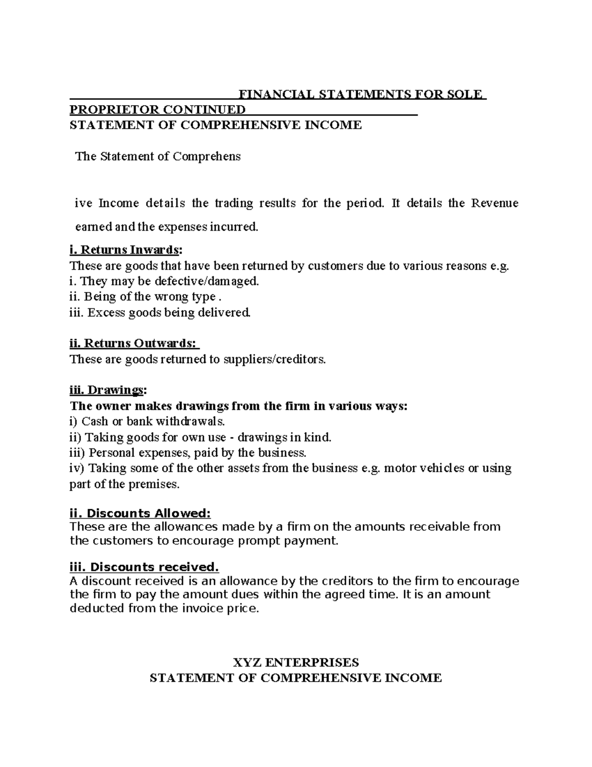 ACCT 101 - Comprehensive Financial Statements Notes for Sole ...