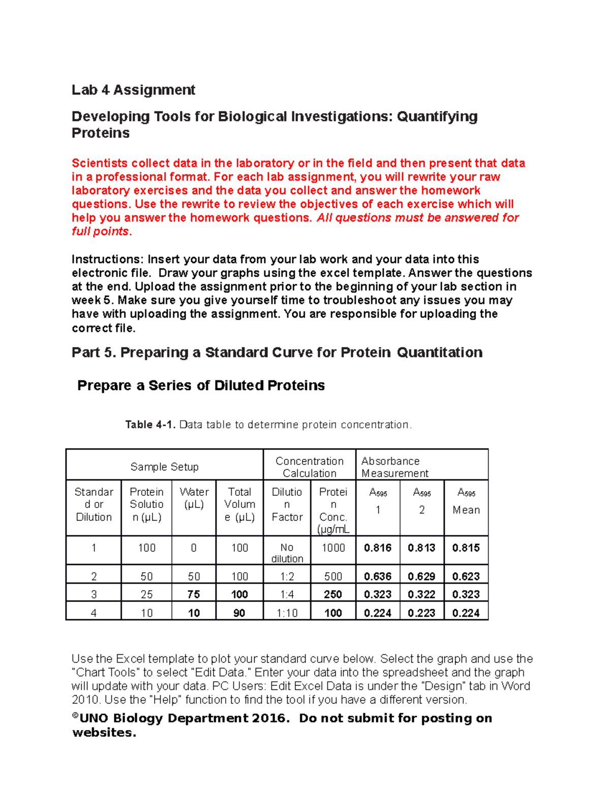 Lab 4 Assignment: Quantifying Proteins in Biology 1450 UNO - Studocu