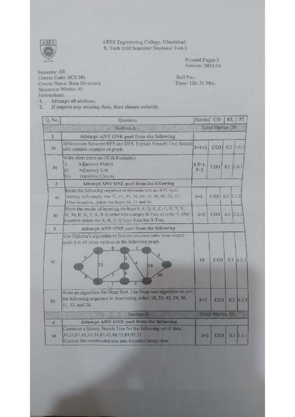 BCS 301 & BCS 302 Odd Semester Sessional Exam Papers: Data Structures & Computer Architecture ...