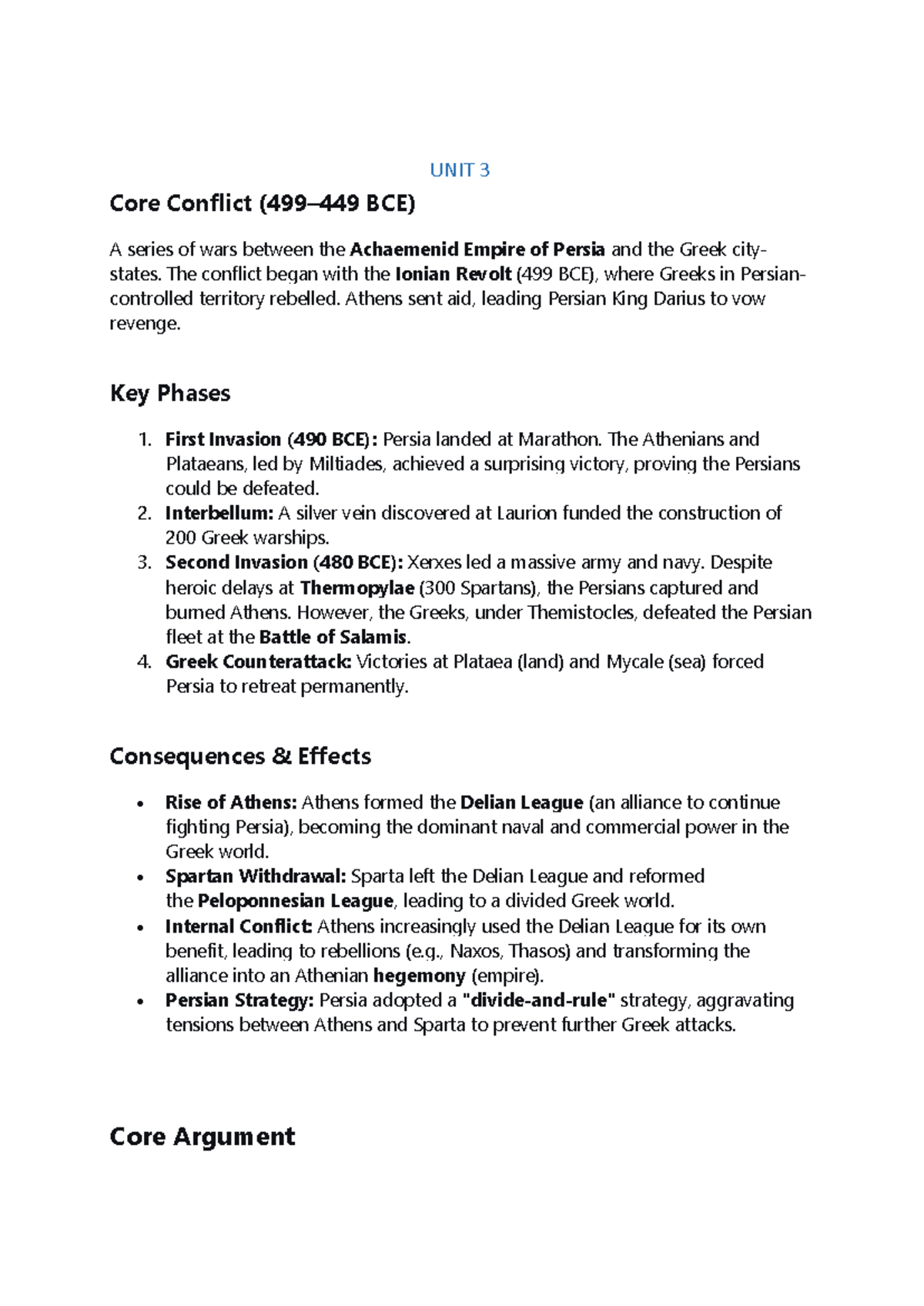 UNIT 3 - The Persian Wars and the Peloponnesian War Overview - Studocu
