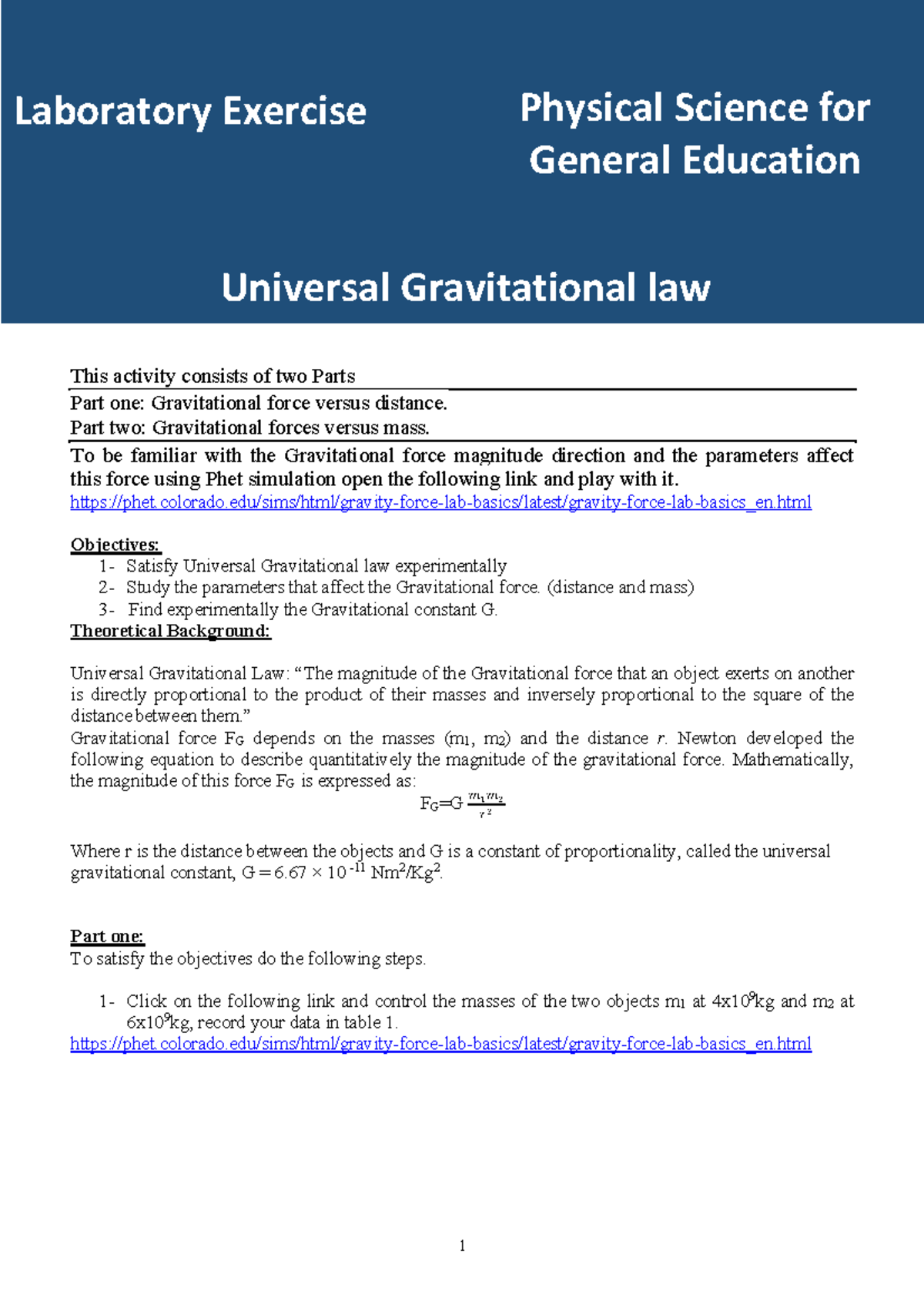 Lab #4, Universal Gravitational Law - 1 Worksheet (Universal ...