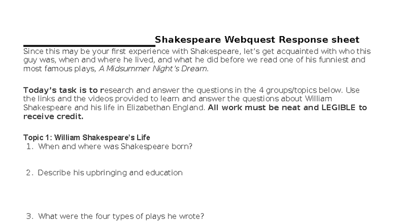 Shakespeare Webquest Response Sheet: Exploring His Life & Era - Studocu
