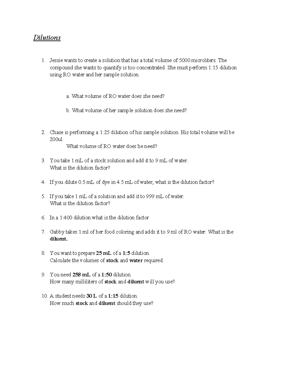 Dilution Calculations and Conversions Techniques (Chem 101) - Studocu