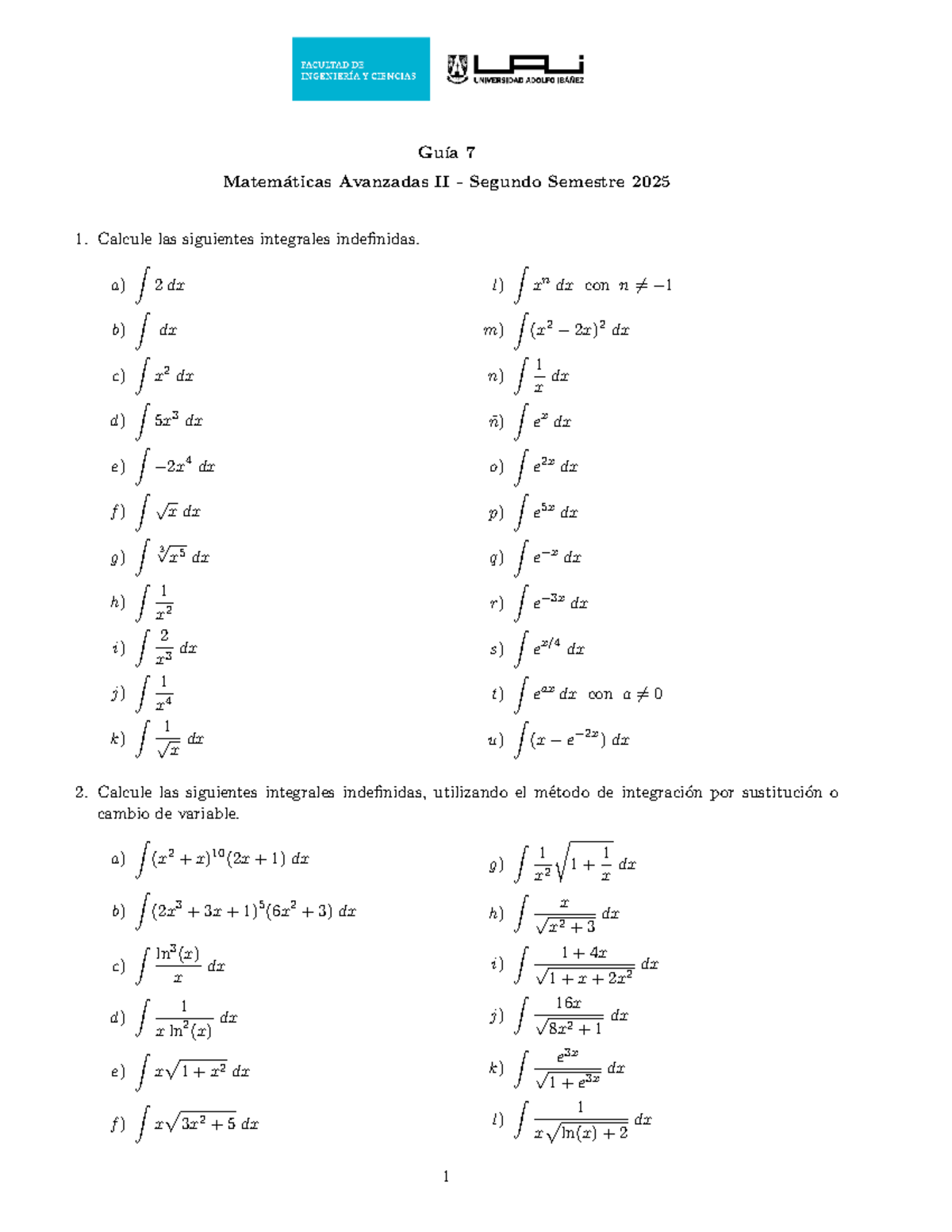 Guía 7 - Integrales Indefinidas y Métodos de Integración (Matemáticas ...