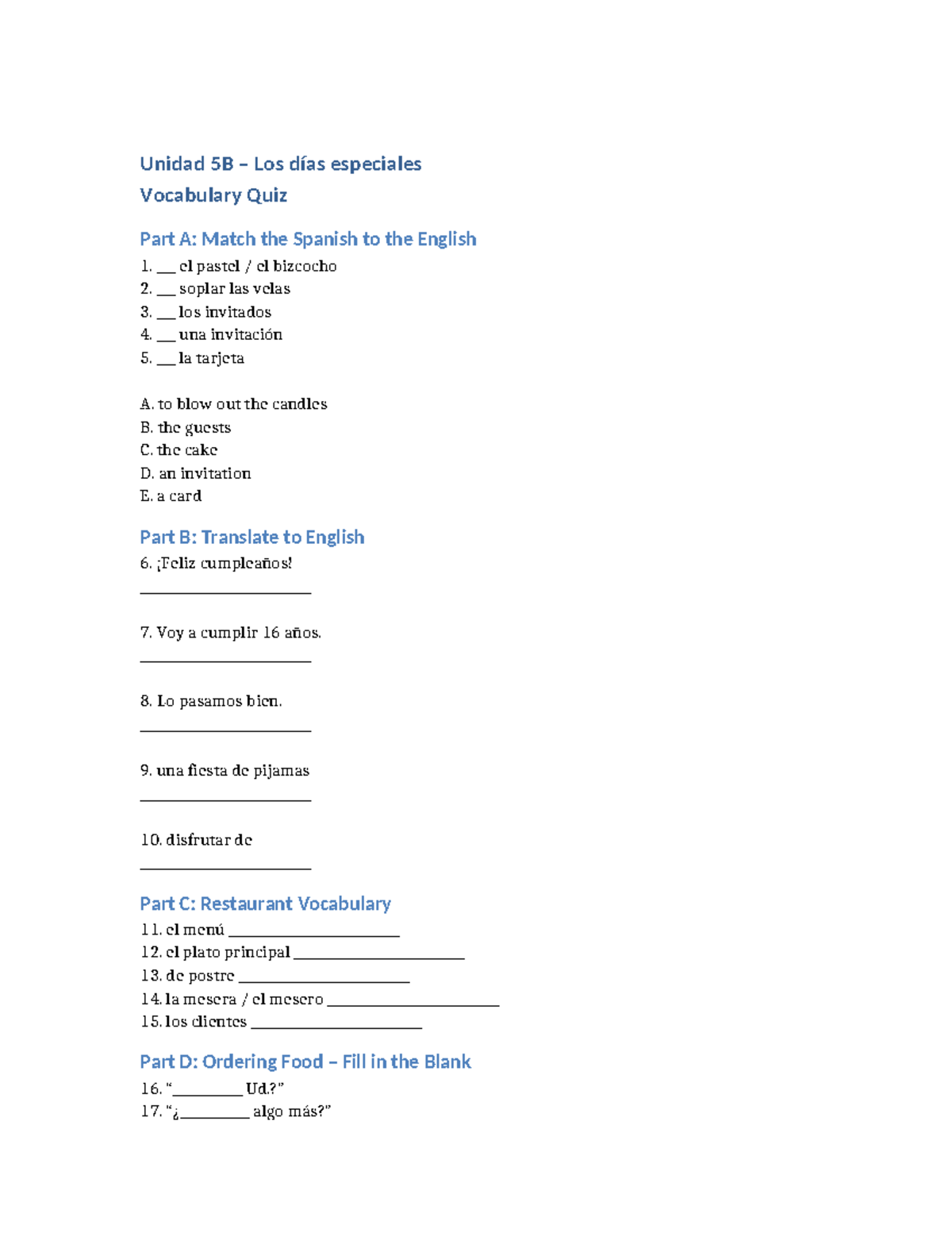 Unidad 5B – Vocabulary Quiz on Special Days - Studocu