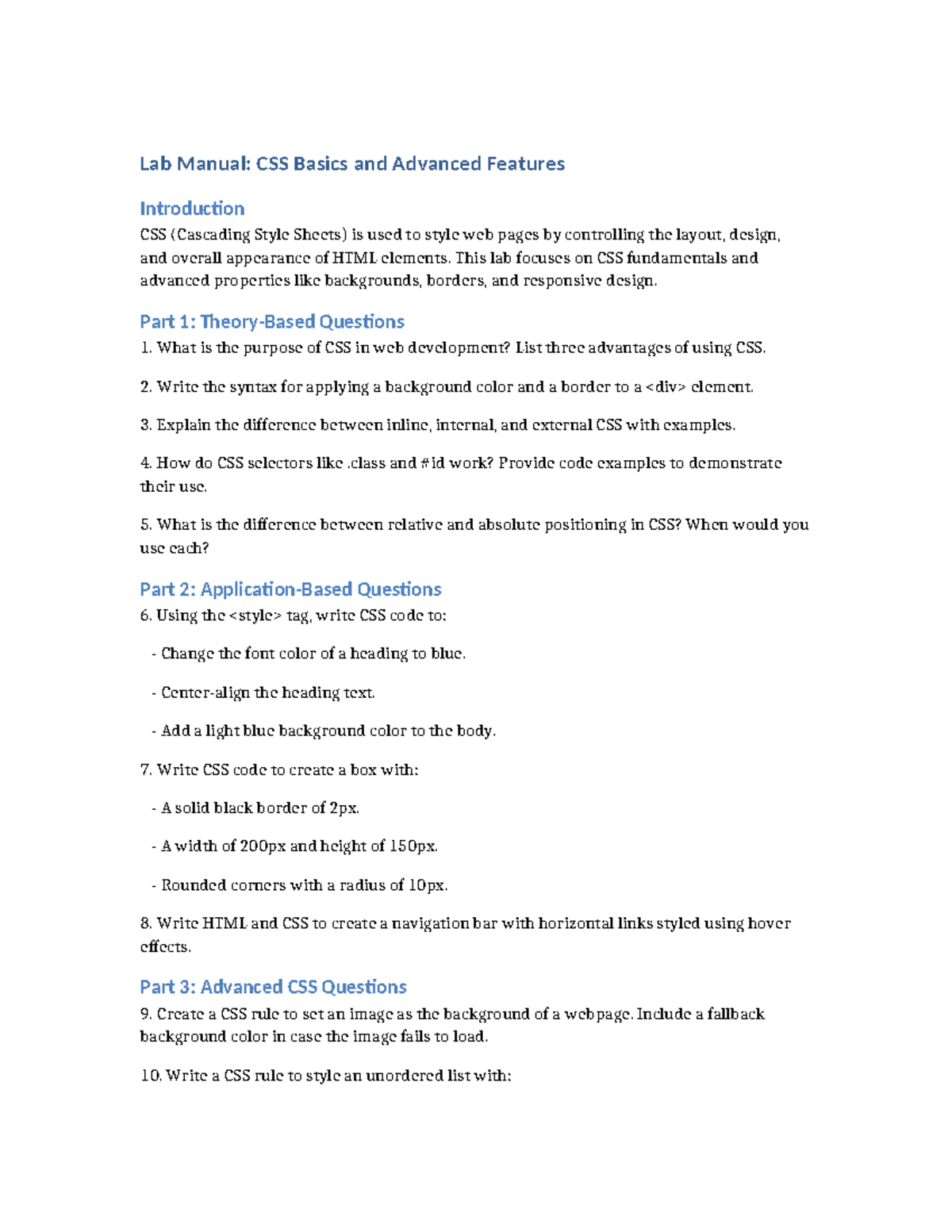 Lab Manual CSS Basics and Advanced - This lab focuses on CSS ...