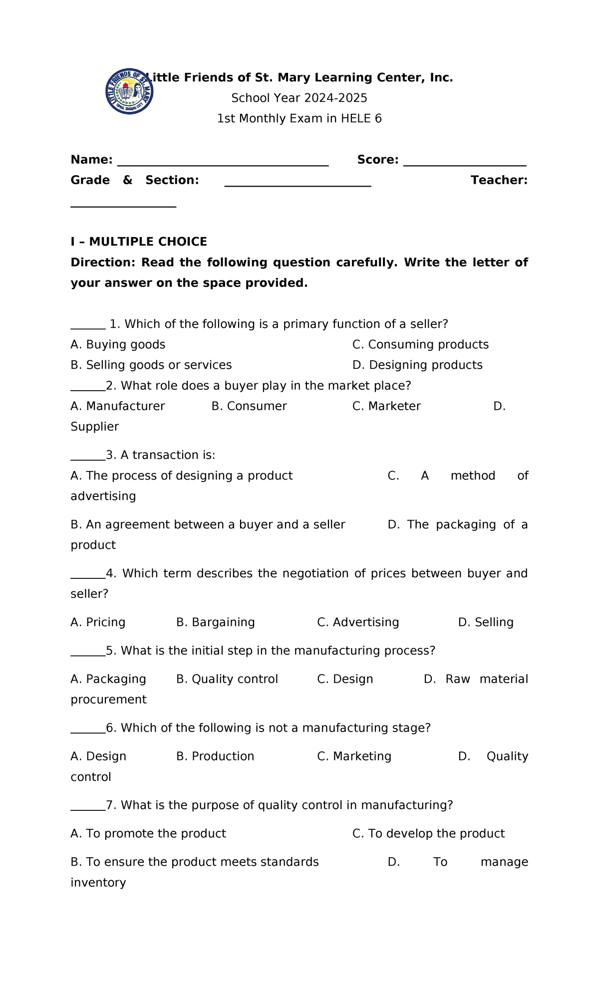 Grade 6 HELE - 1st Monthly Exam Review Guide - Studocu