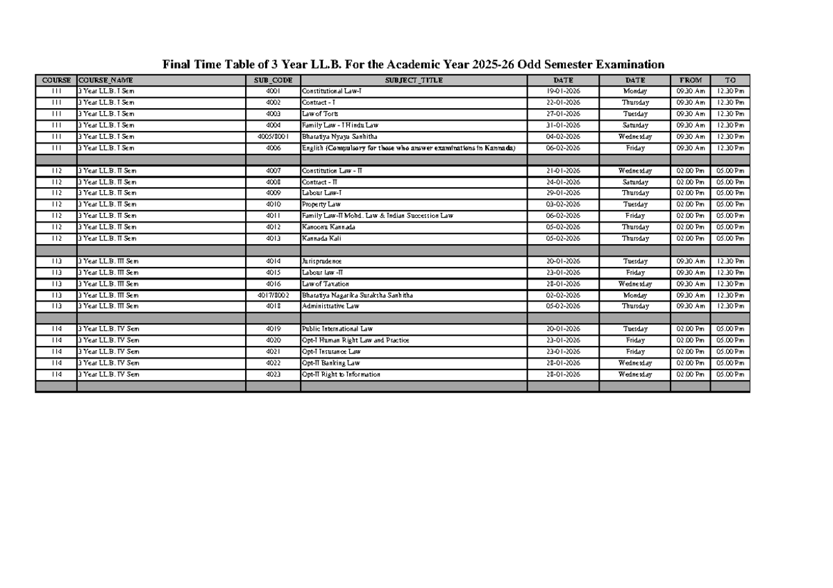 Final Time Table for 3 Year LL.B. & 5 Year B.Com.,LL.B. Odd Sem Exams ...