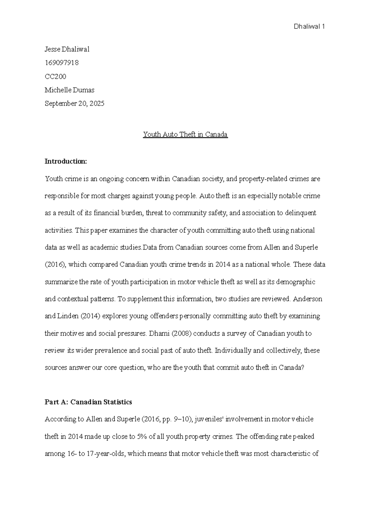CC200 Youth Auto Theft in Canada: Analyzing Trends & Influences - Studocu