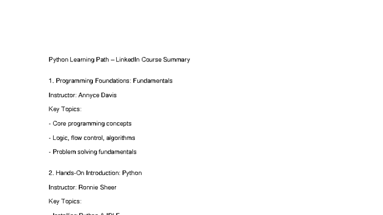 Python Course Summary: Key Topics & Learning Path - Studocu