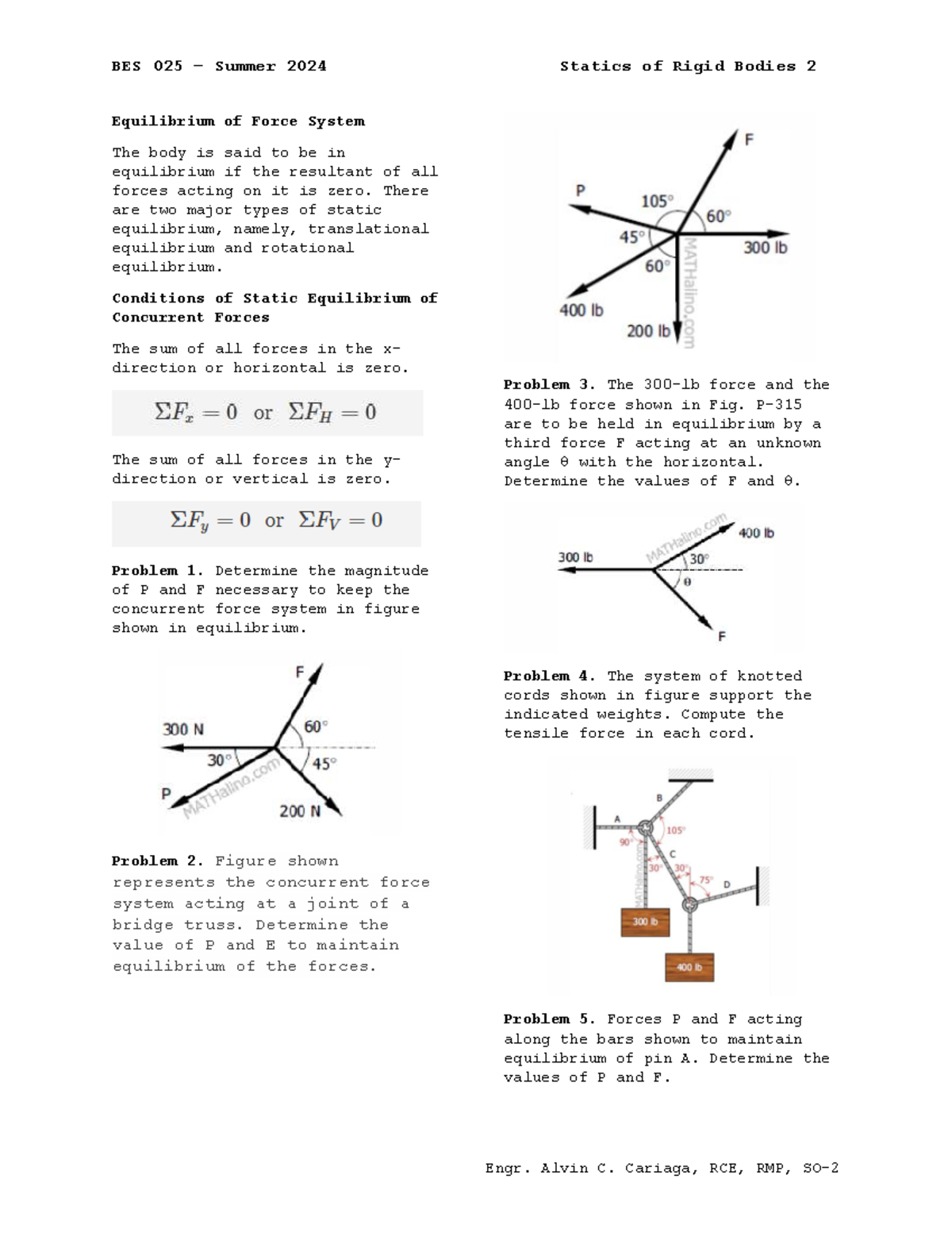 BES 025 Summer 2024 Statics of Rigid Bodies 2: Equilibrium Analysis ...
