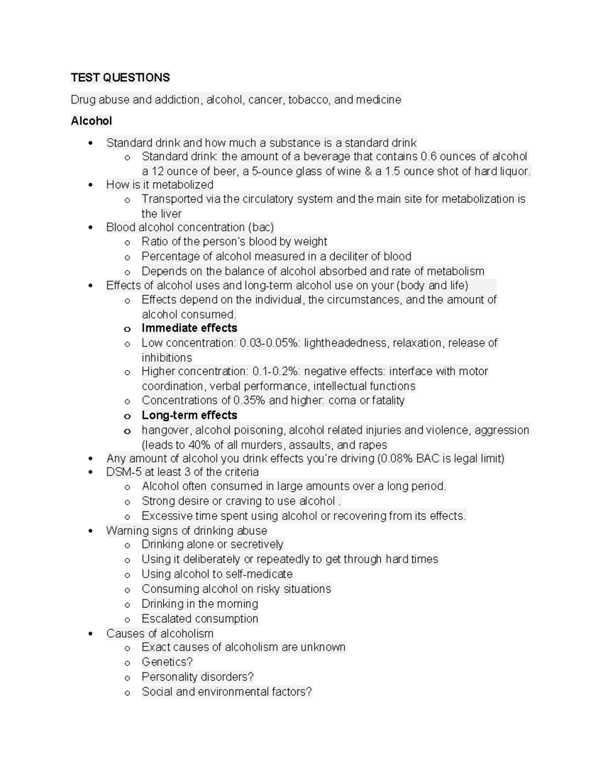 TEST Questions on Personal Health: Substance Abuse and Cancer - Studocu