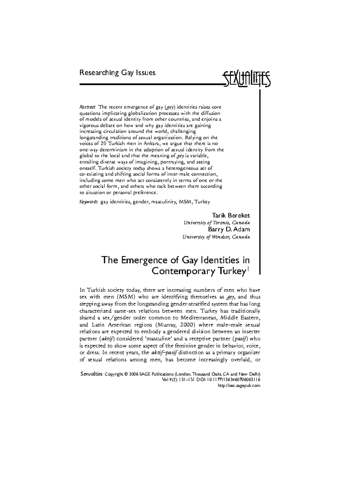 The Emergence of Gay Identities in Contemporary Turkey (SOC 101) - Studocu
