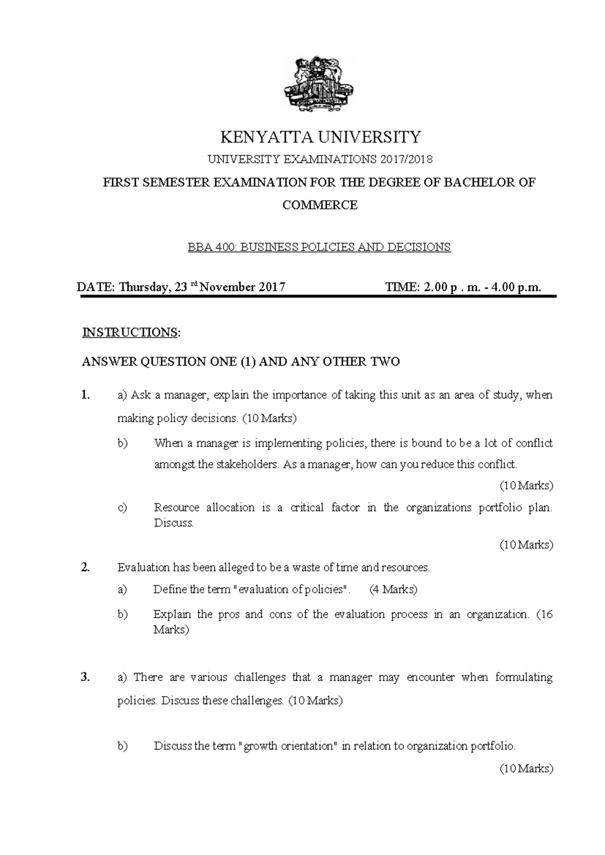 BBA 400: Business Policies and Decisions - 2017 Past Paper Exam - Studocu