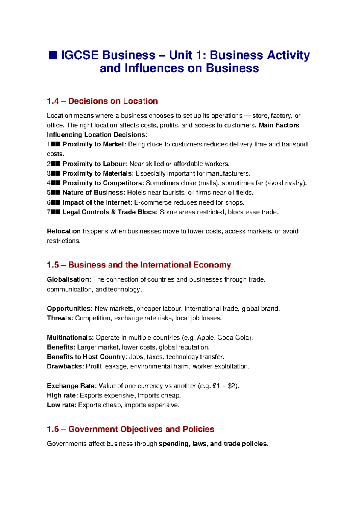 IGCSE Business Unit 1: Location Decisions & Global Economy Insights ...