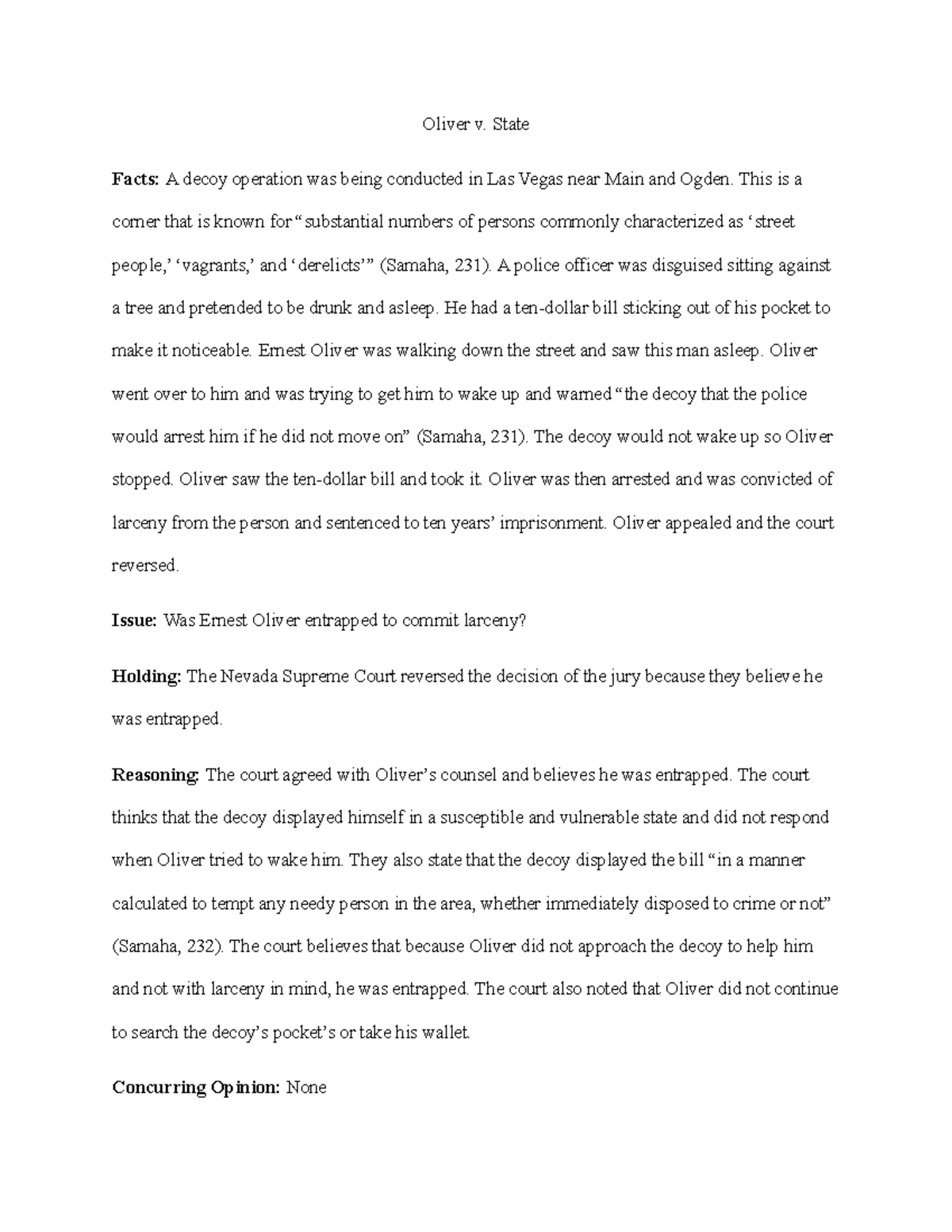 Assignment 5 - Legal Analysis: Oliver v. State Entrapment Case - Studocu