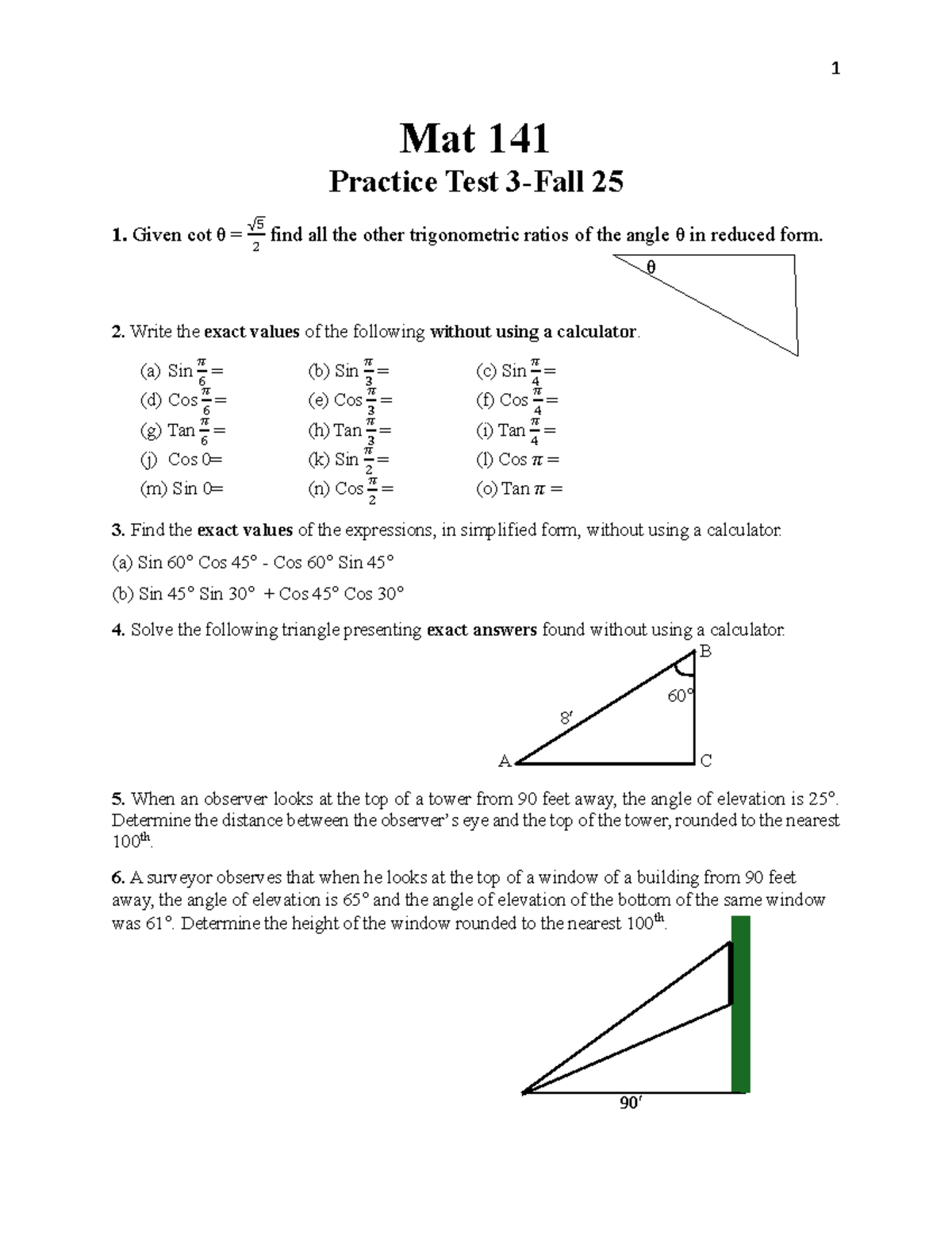 Mat 141 Practice Test 3: Trigonometric Functions and Identities - Studocu