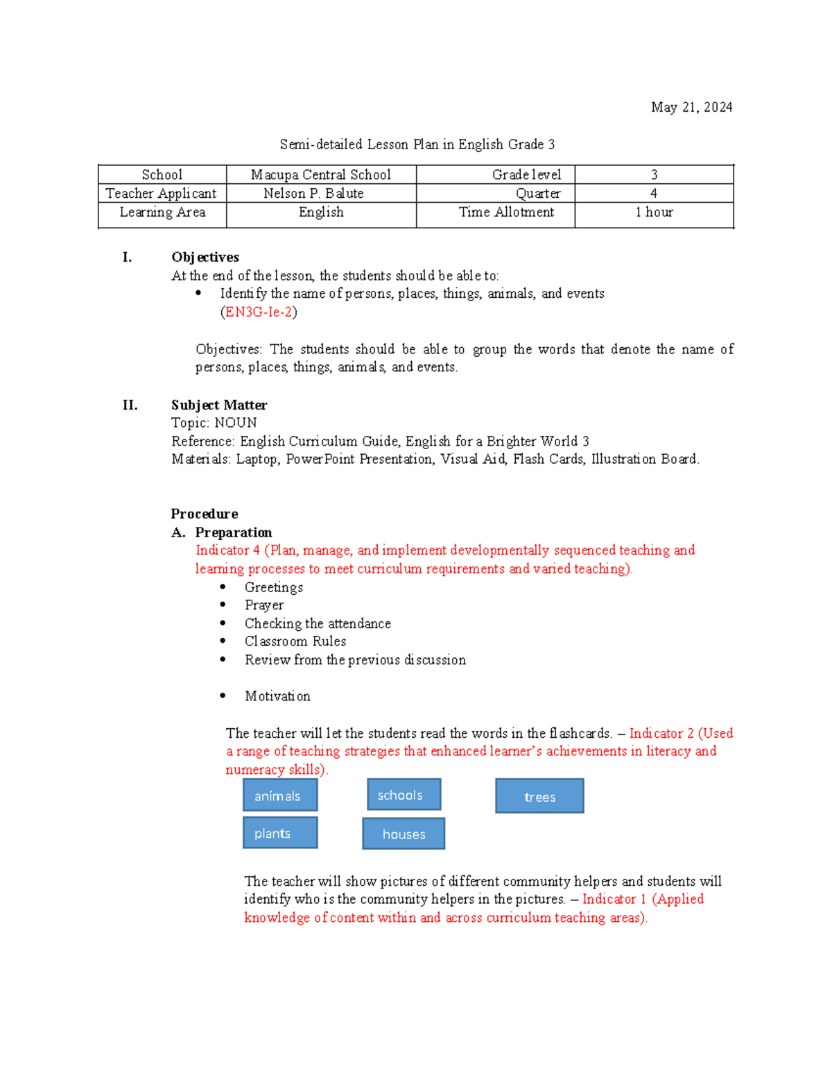Nouns Lesson Plan for English Grade 3 - Q4 (EN3G-Ie-2) - Studocu
