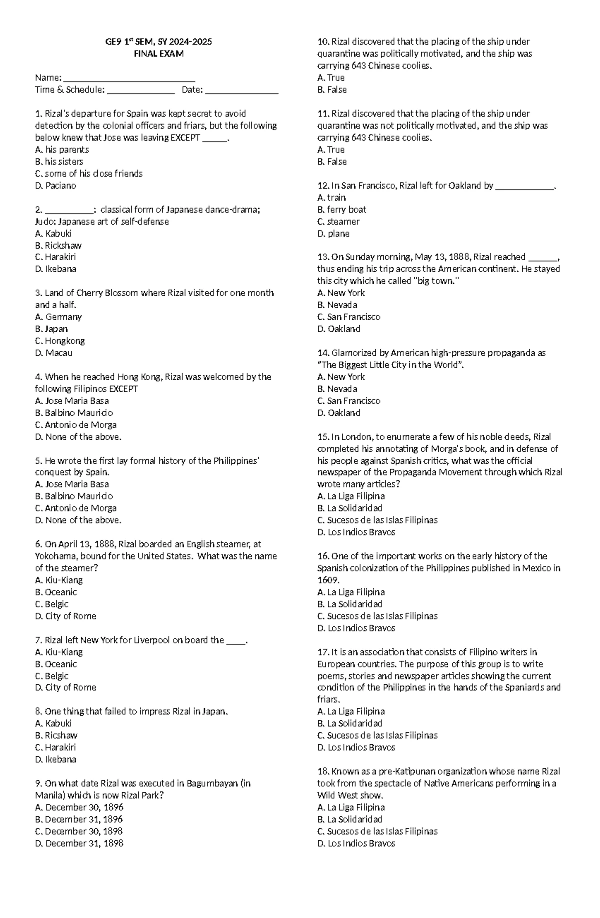 GE9 1st SEM, SY Final Exam Review: Key Topics and Questions - Studocu