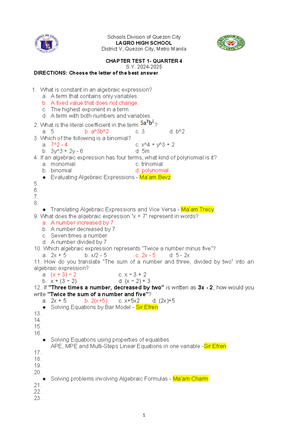 Chapter Test 1 - Quarter 4 Algebra Review for S. 2024 - Studocu