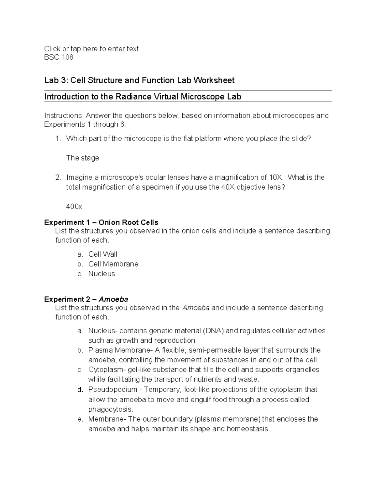 Lab 3 Cell Structure and Function Worksheet - Click or tap here to enter text. BSC 108 Lab 3 ...