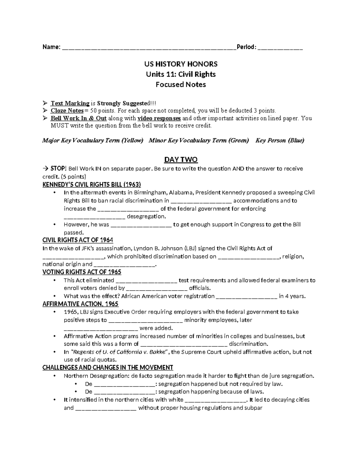 Unit 11 Civil Rights Cloze Notes Day 2 Summary for US History Honors ...