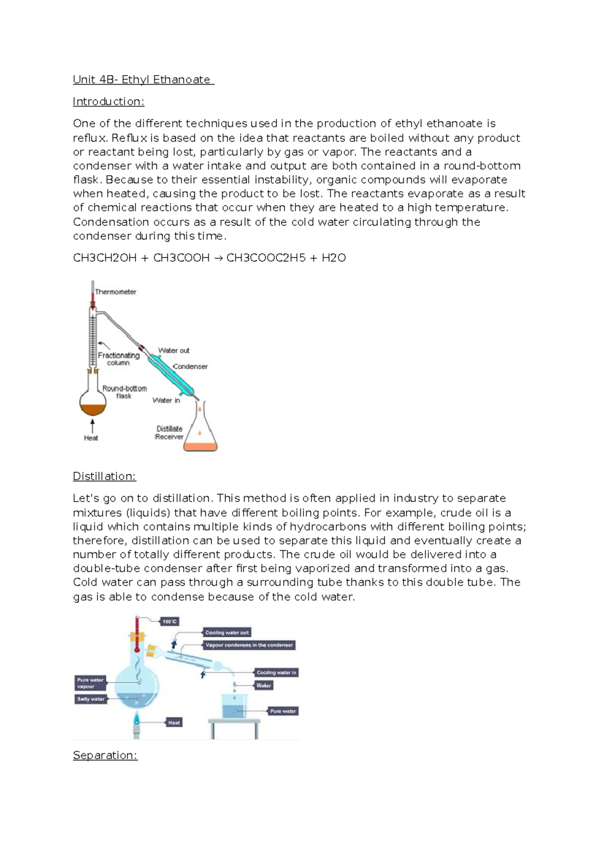 Unit 4B - Ethyl Ethanoate Production Techniques and Analysis - Studocu