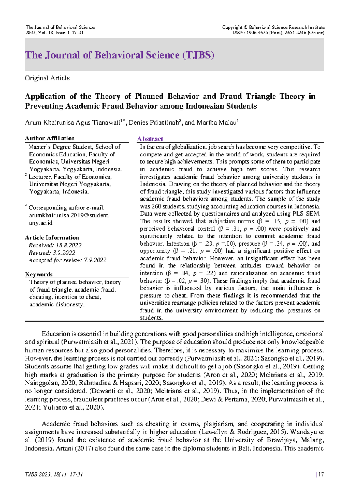 Application of Planned Behavior & Fraud Triangle in Academic Fraud ...