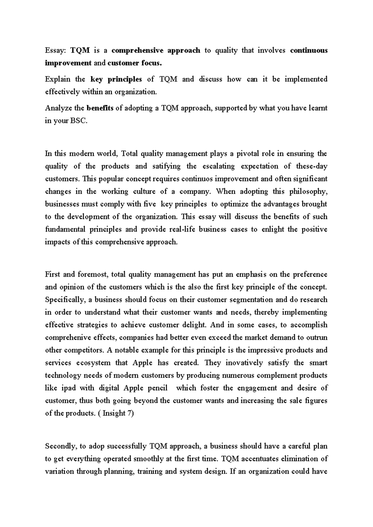BSC Essay: Key Principles and Benefits of Total Quality Management ...