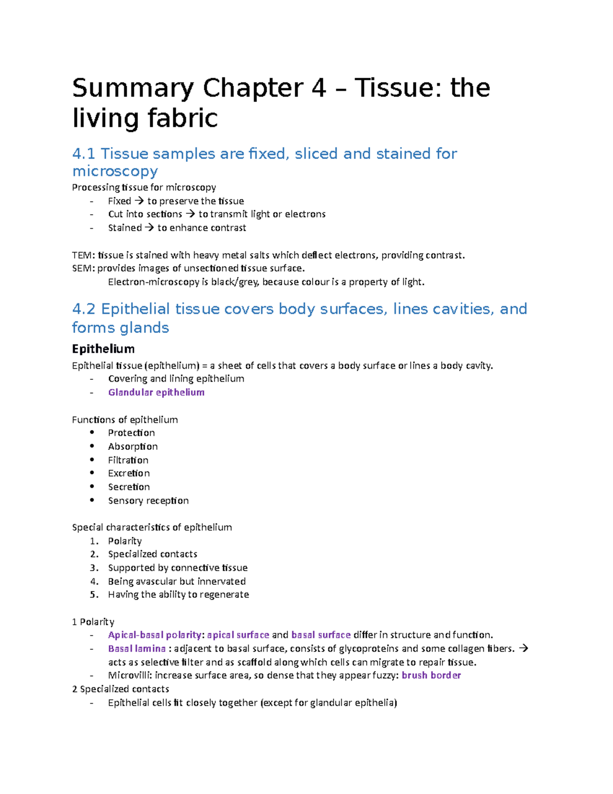Summary of Chapter 4: Tissue - The Living Fabric - Studeersnel