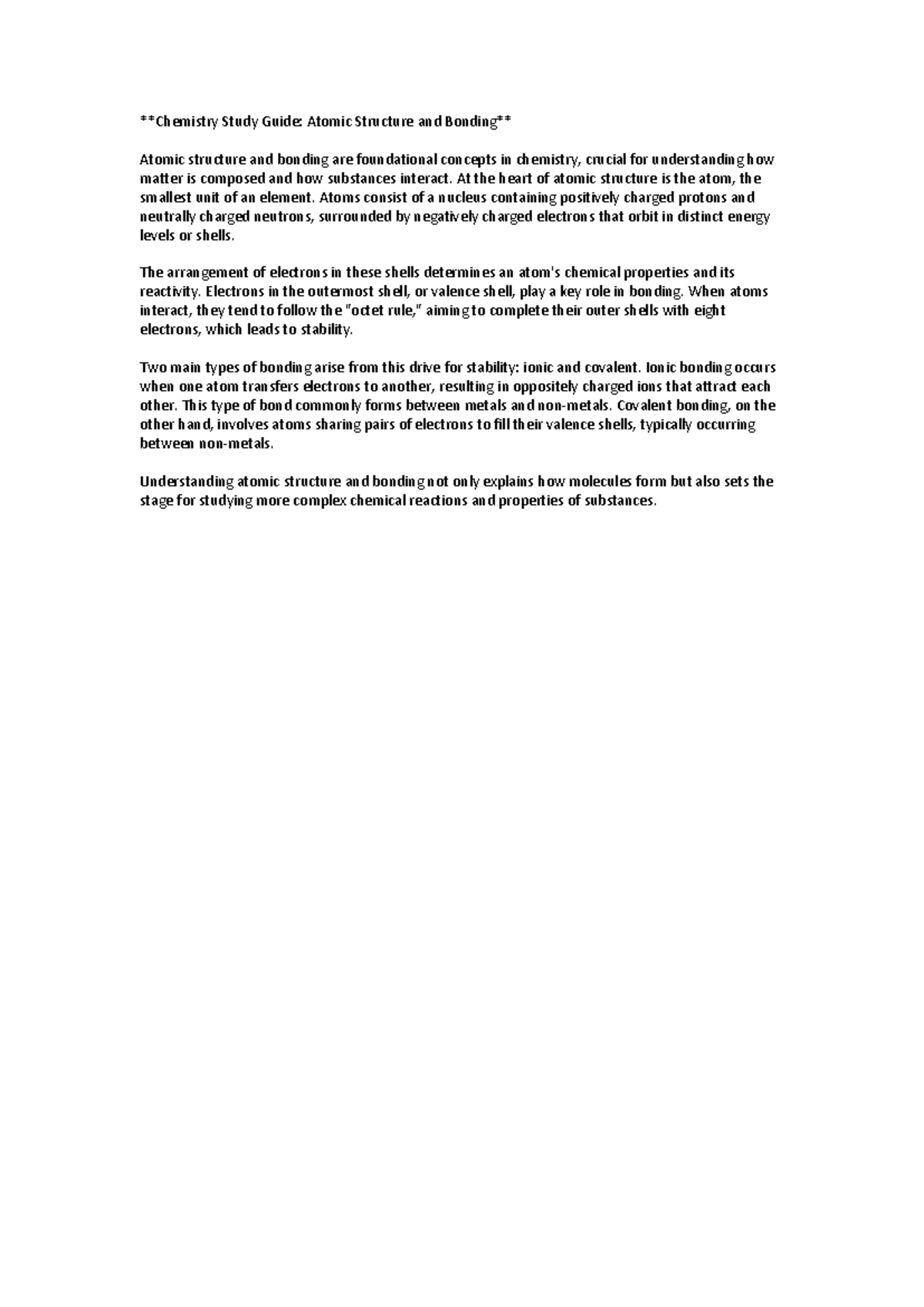Atomic Structure and Bonding - Chemistry Study Guide: Atomic Structure ...