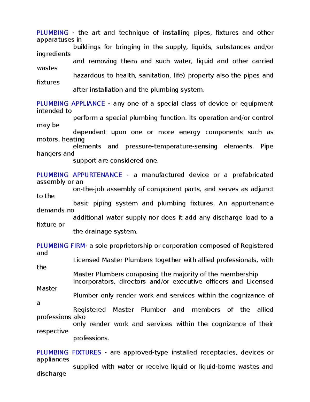Master Plumber Exam Review Guide: Key Concepts and Definitions - Studocu