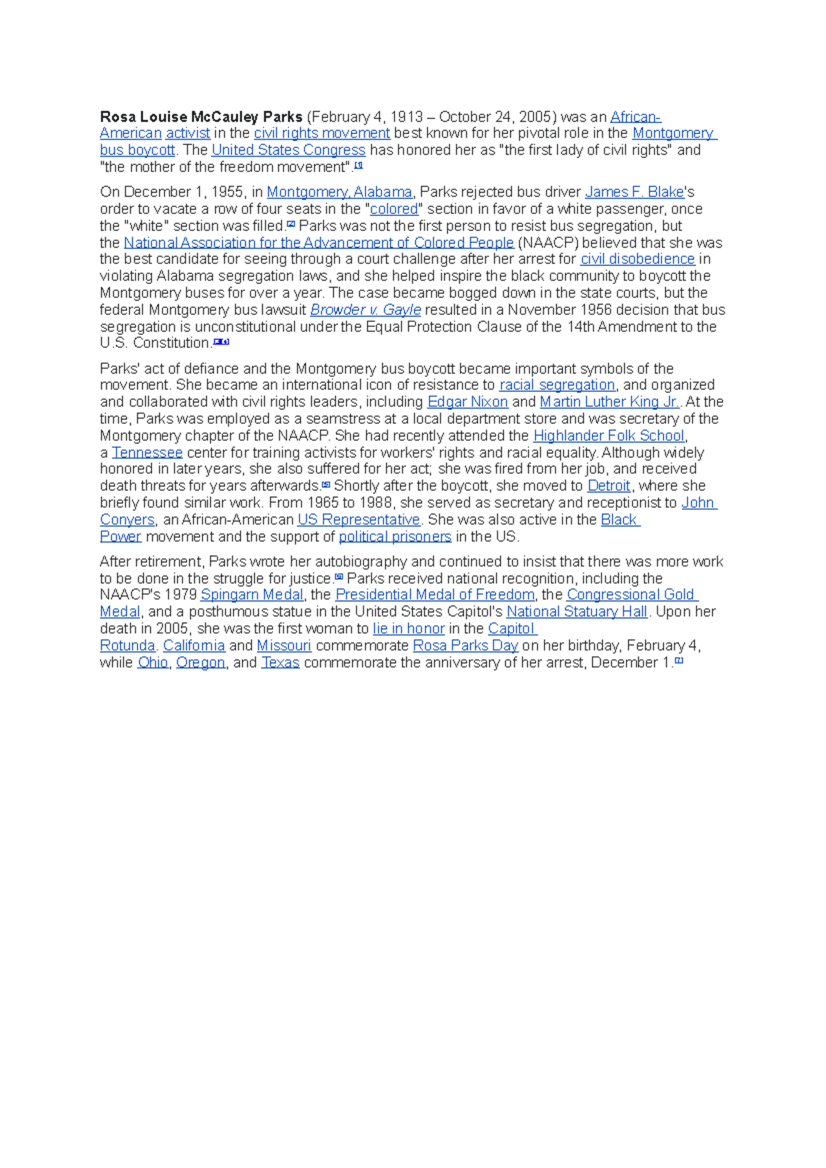 Notes for Rosa Parks - Short rundown of the subject. - Rosa Louise ...