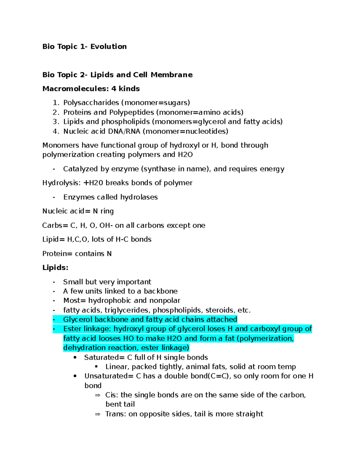 Bio 1020 notes - Bio Topic 1- Evolution Bio Topic 2- Lipids and Cell ...