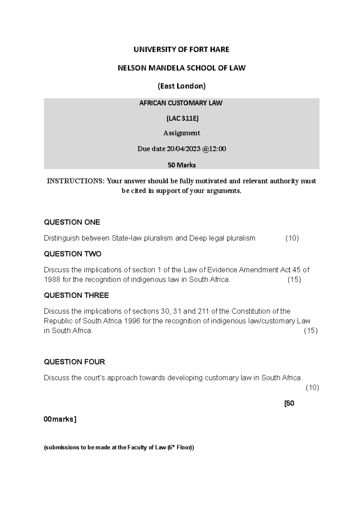 Customary LAW assignment 2023 - UNIVERSITY OF FORT HARE NELSON MANDELA ...