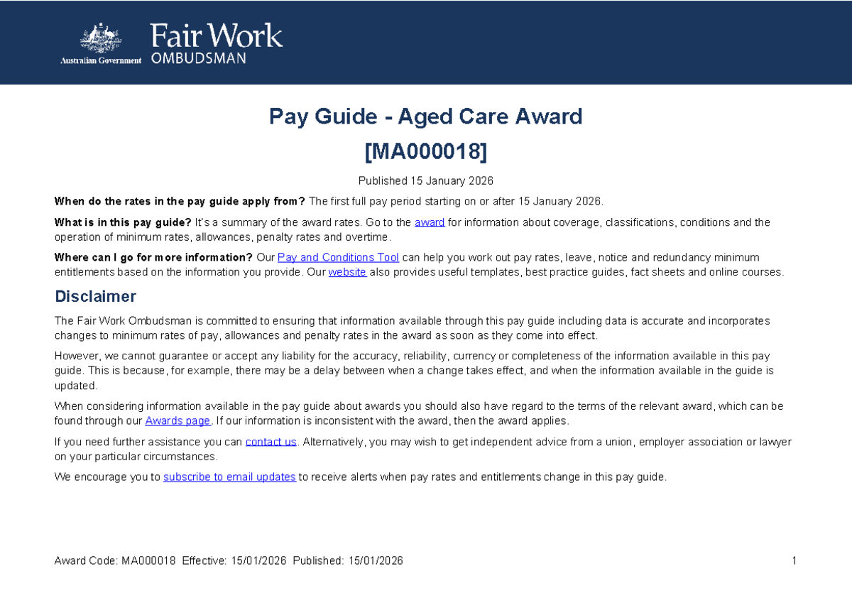 Aged Care Pay Guide MA000018 Effective 15 January 2026 - Studocu