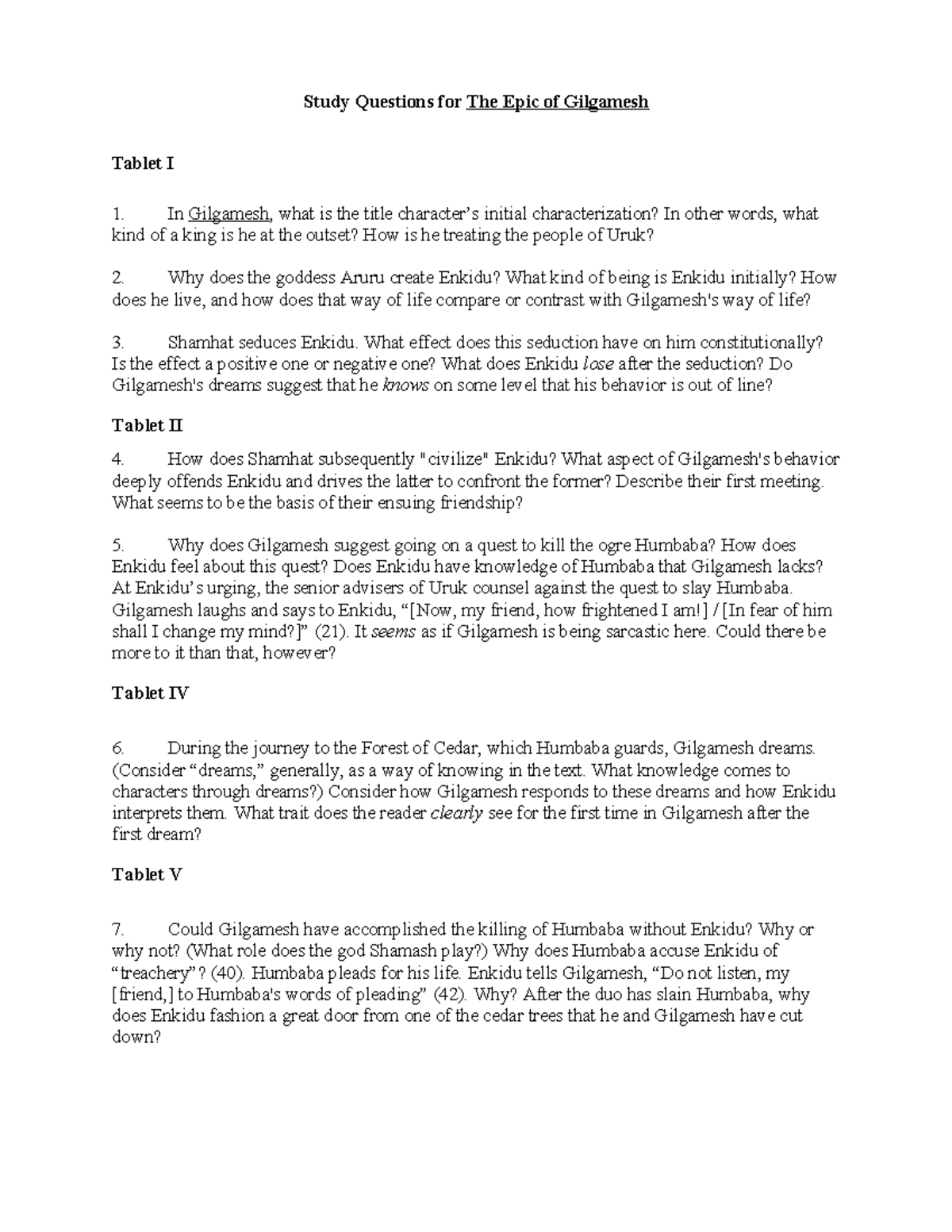 Study Questions for The Epic of Gilgamesh (ENG101) - Comprehensive ...