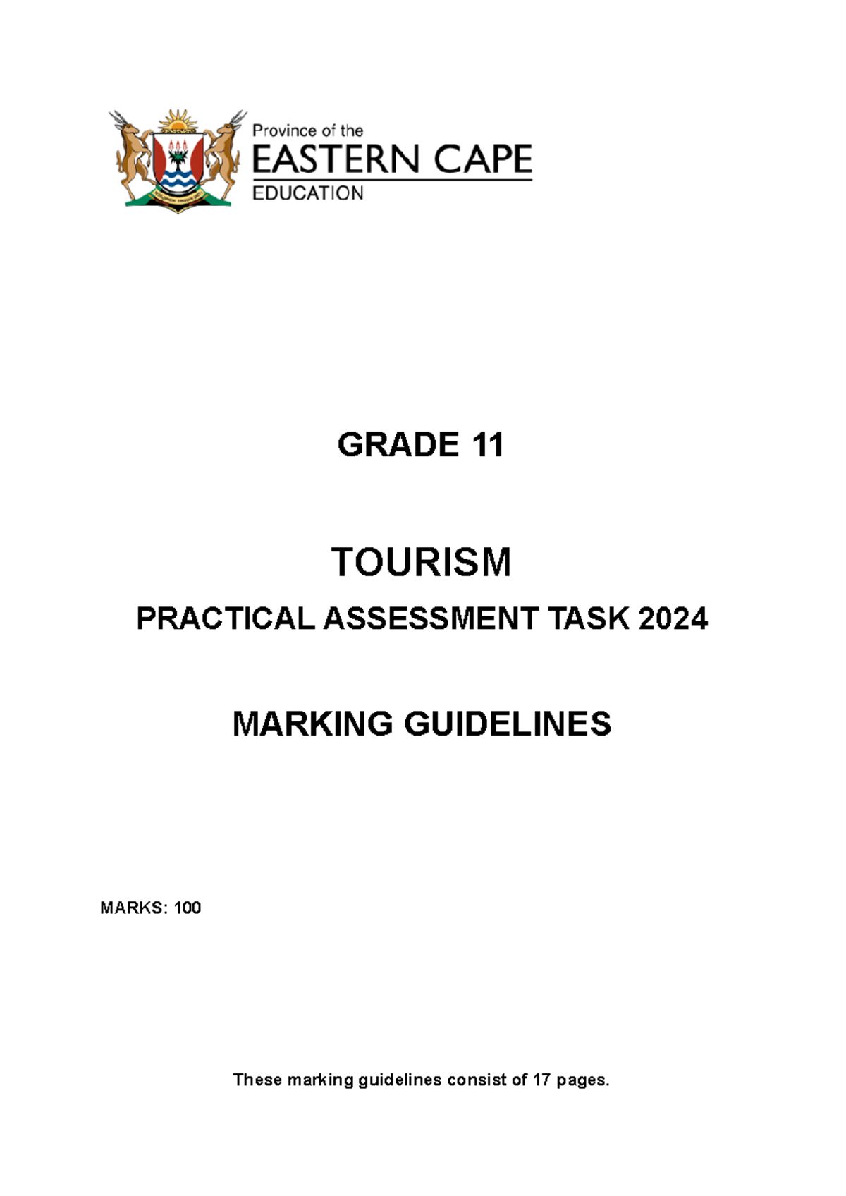 Grade 11 Tourism PAT 2024 Marking Guidelines (ECDOE) - Comprehensive Overview - Studocu
