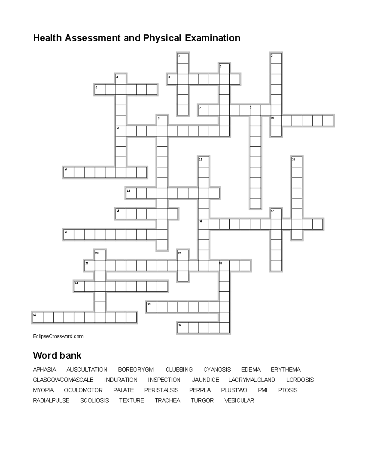 Health Assessment Crossword Puzzle - Pre-Class Activity - Studocu